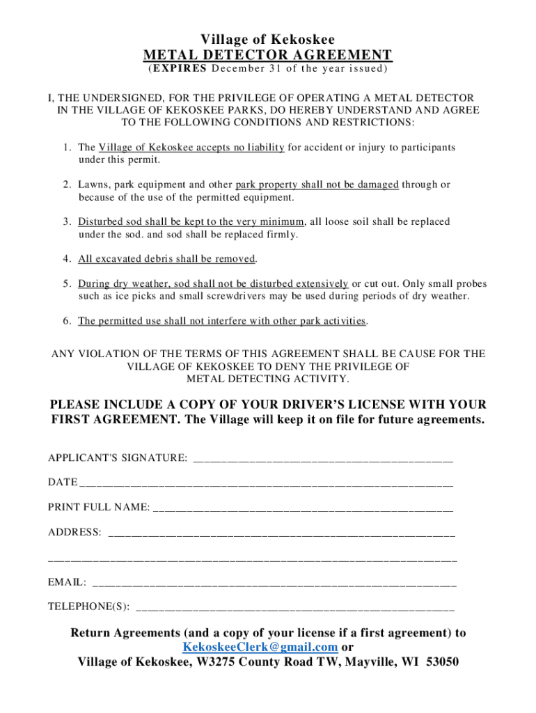 Fillable Online Village of Kekoskee METAL DETECTOR AGREEMENT Fax Email ...