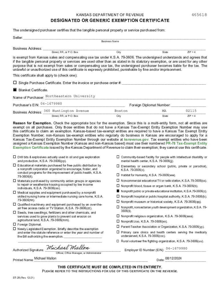 Fillable Online ST-28 Designated or Generic Exemption Certificate Rev ...