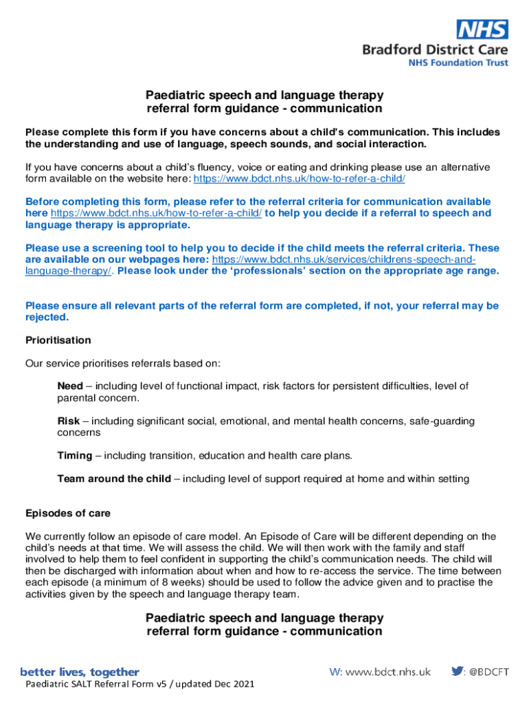 Fillable Online 2021 Paediatric Speech and Language Therapy Referral ...