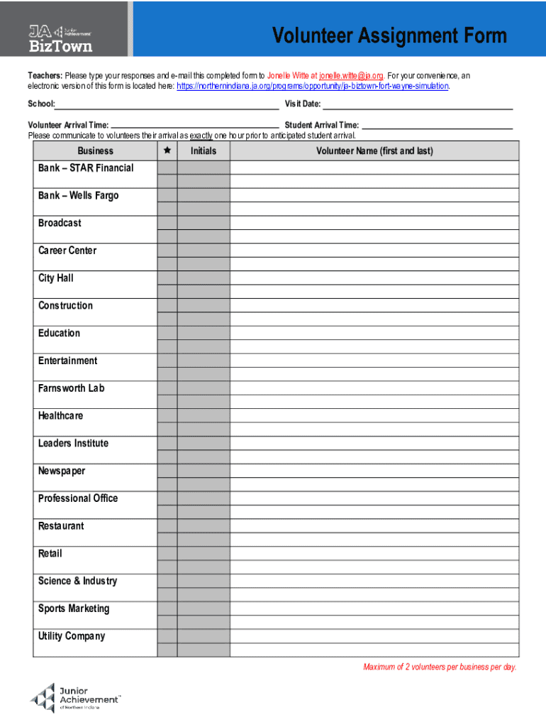 Fillable Online Volunteer Assignment Form 2023 - Maximizing Engagement ...