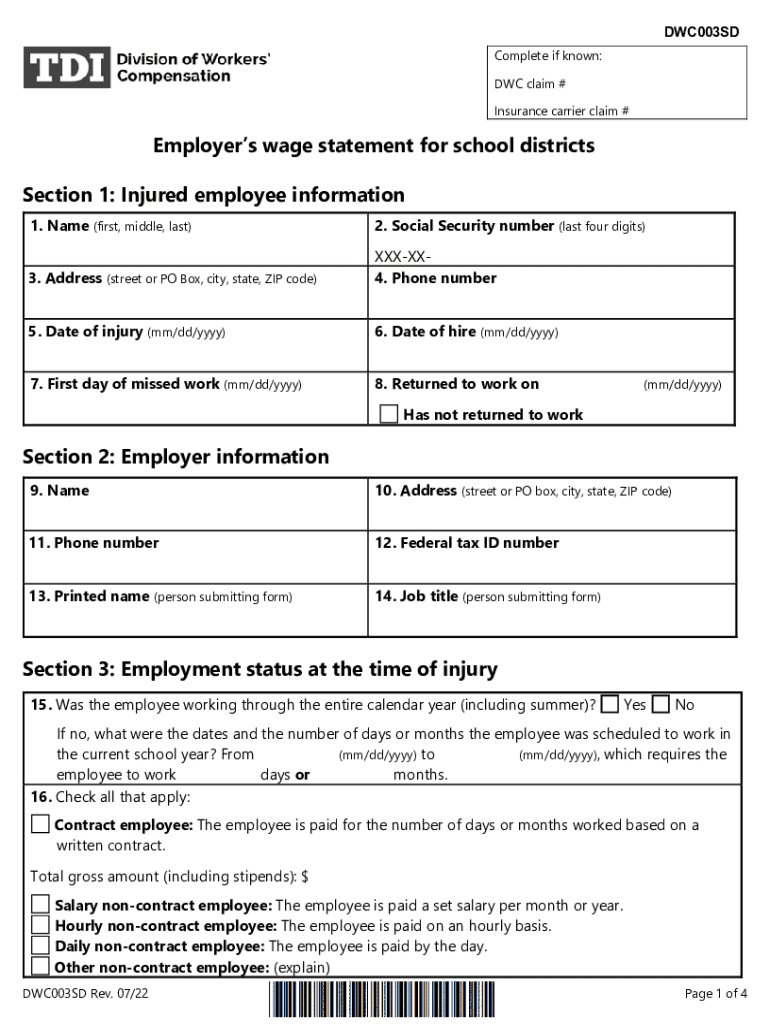 Fillable Online DWC Form-003SD,DWC Employers wage statement for school ...