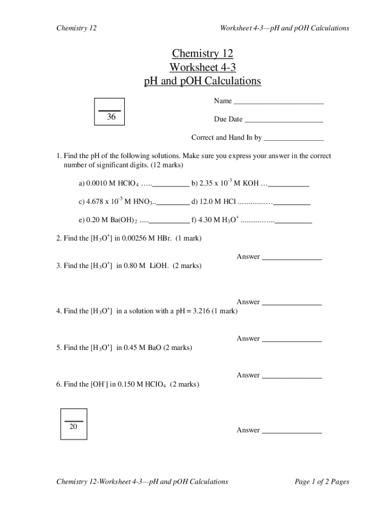 Fillable Online Chemistry 12 Worksheet 4-3 - pH and pOH Calculations ...