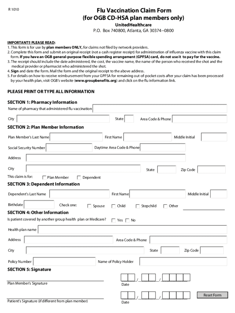Fillable Online Flu Vaccination Claim Form (for OGB CD-HSA plan members ...