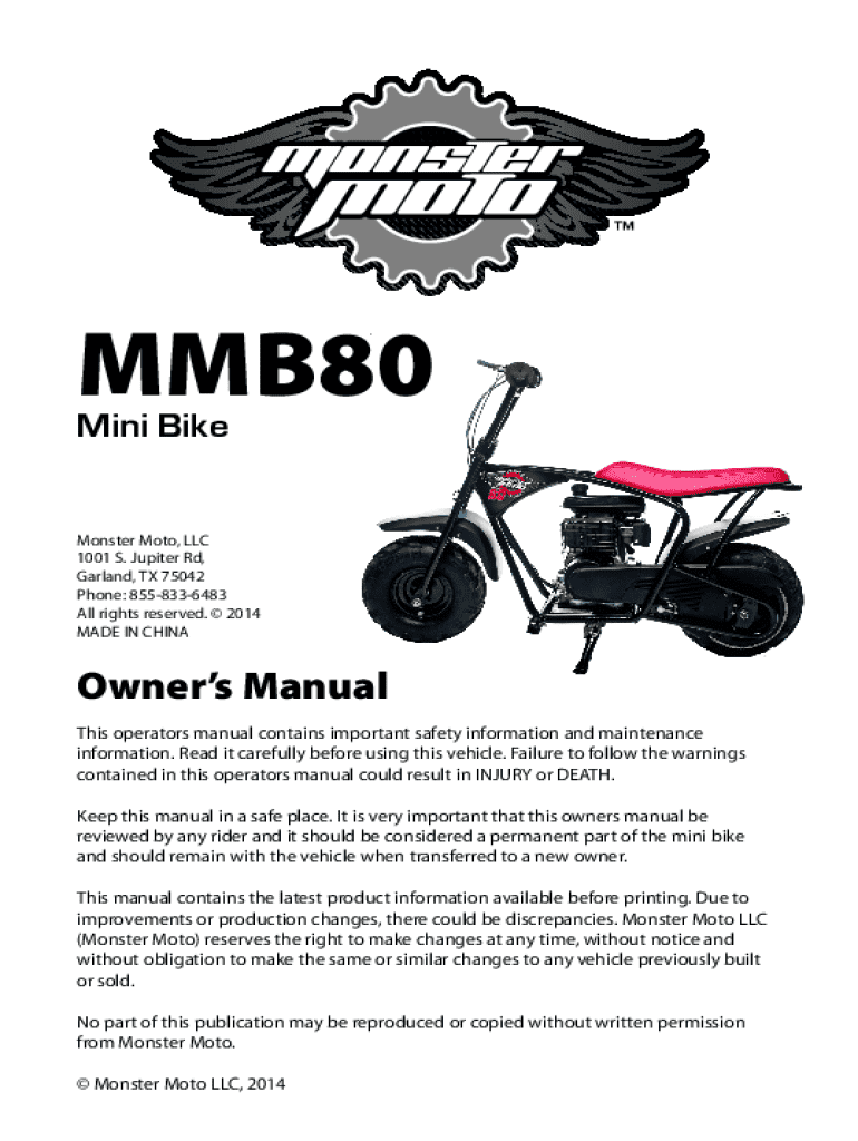 Fillable Online MONSTER MOTO MM-B80 MINI BIKE OWNER\'S MANUAL ... Fax ...