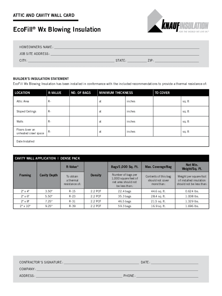Fillable Online EcoFill Wx R-11-R-60 Fiberglass Blown-In Insulation 28 ...