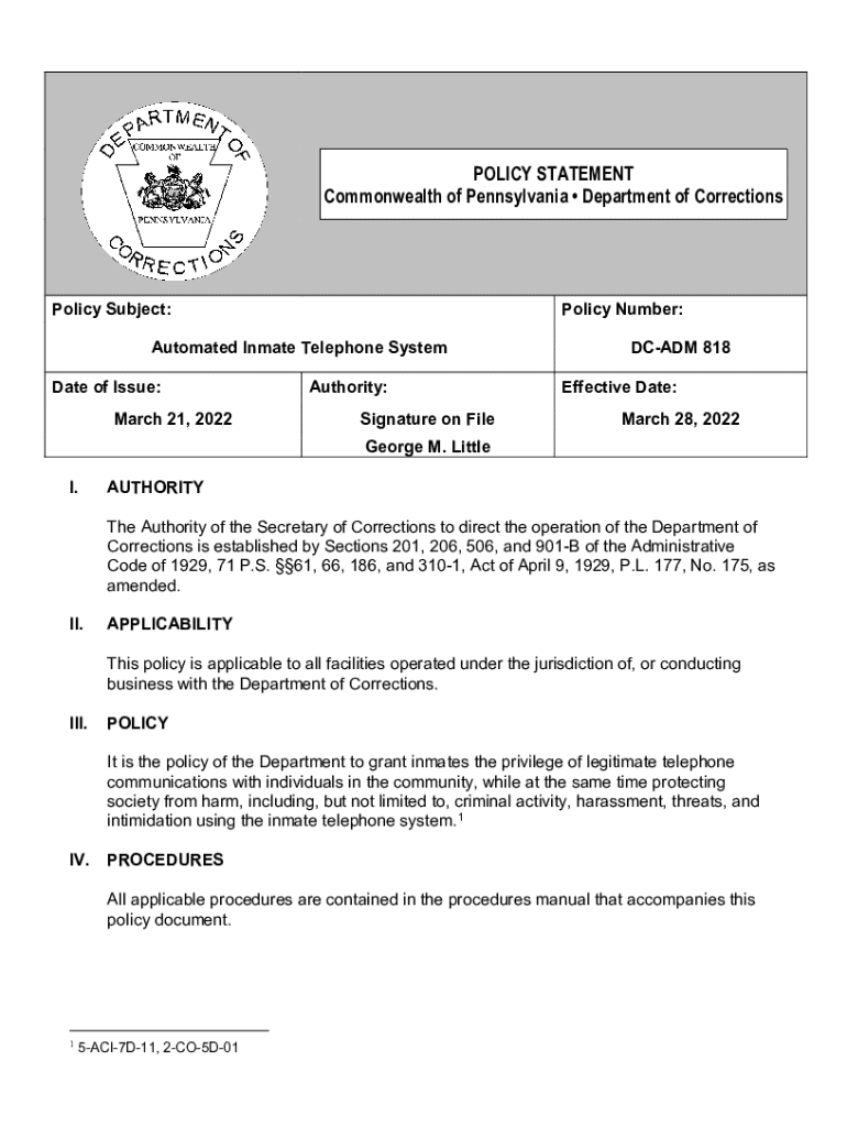Fillable Online Department Inmate Handbook - Bulletin 01 Original Issue ...