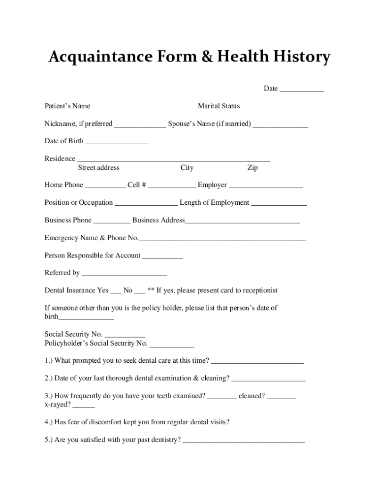 Fillable Online Acquaintance Form & Health History Fax Email Print - pdfFiller