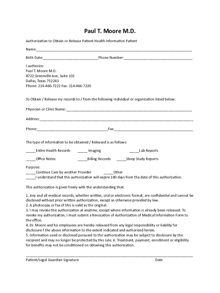 Fillable Online Dr. Paul Moore, MD, Sleep Medicine Internist - Dallas, TX Fax Email Print ...