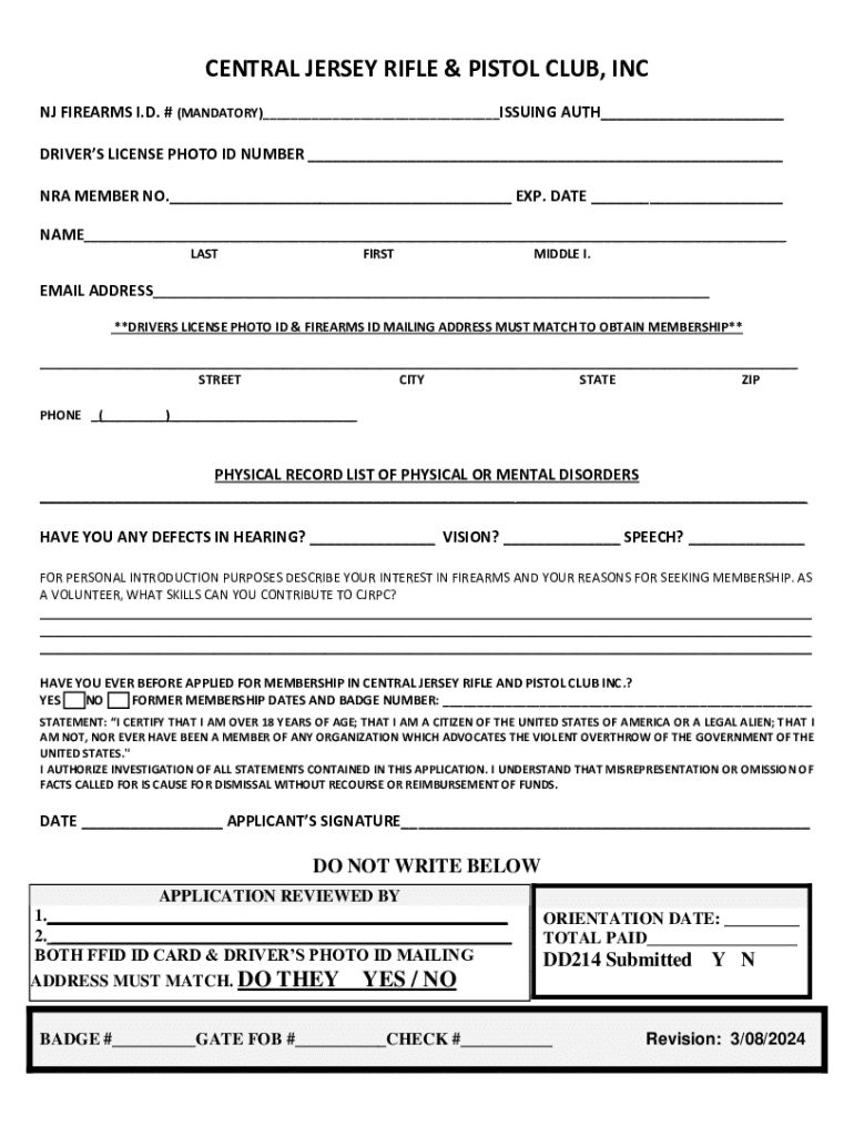 Fillable Online application for membership central jersey rifle ...