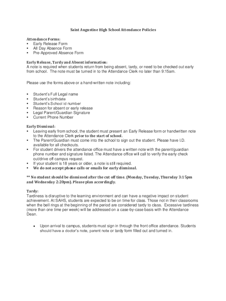 Fillable Online Saint Augustine High School Attendance Policies Attendance Forms ... Fax Email ...
