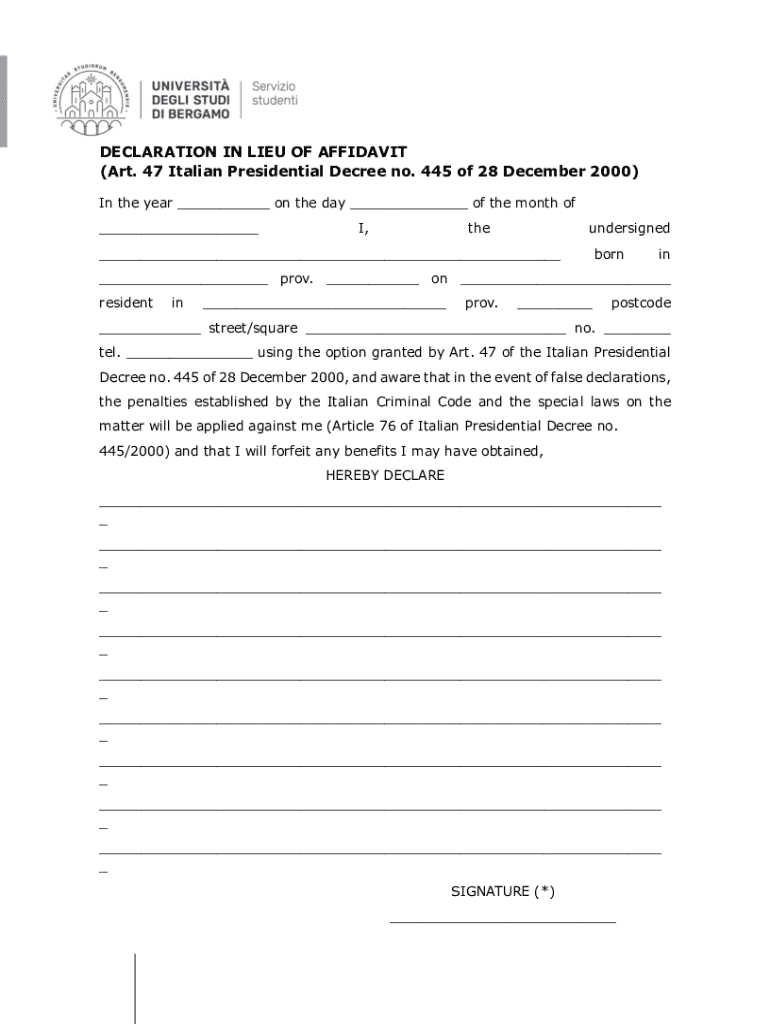 Fillable Online Declaration In Lieu Of Affidavit Art 47 Of It Pres Fax Email Print
