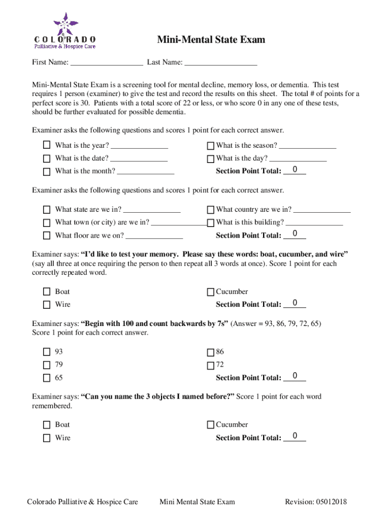Fillable Online Mini-Mental State Examination (MMSE) for the early ...