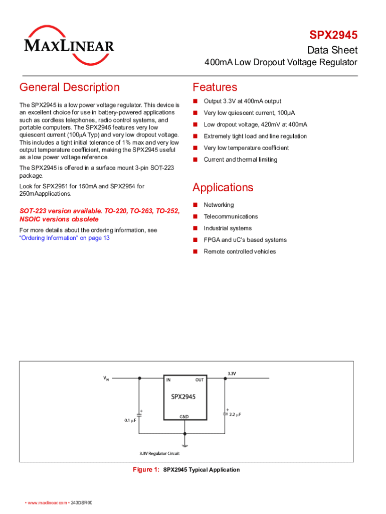 Fillable Online SPX2945 Data Sheet. 400mA Low Dropout Voltage Regulator Fax Email Print - pdfFiller