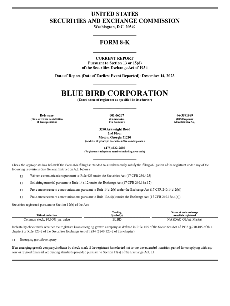 Fillable Online On December 14, 2023, Blue Bird Corporation (the Company) entered into an ...