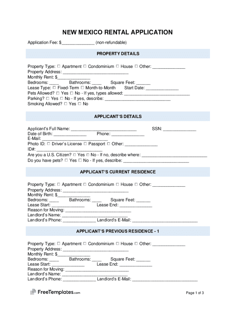 Fillable Online Free New Mexico Rental Application Template - PDF ...