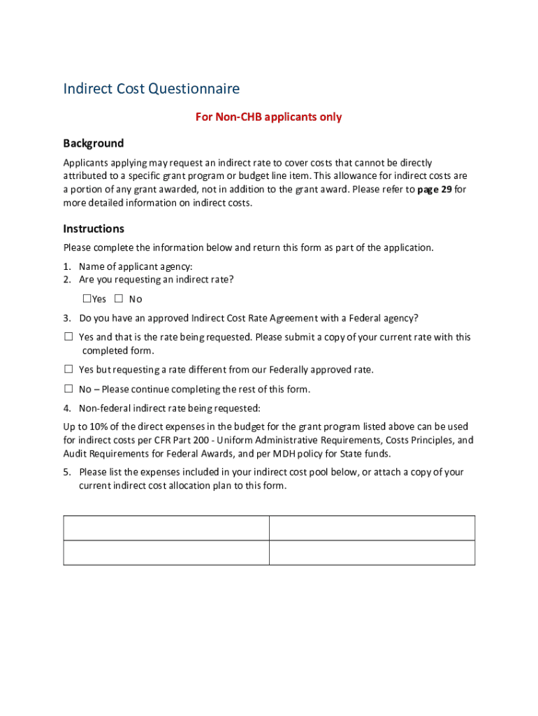 Fillable Online Indirect Cost Questionnaire. Grants form Fax Email ...