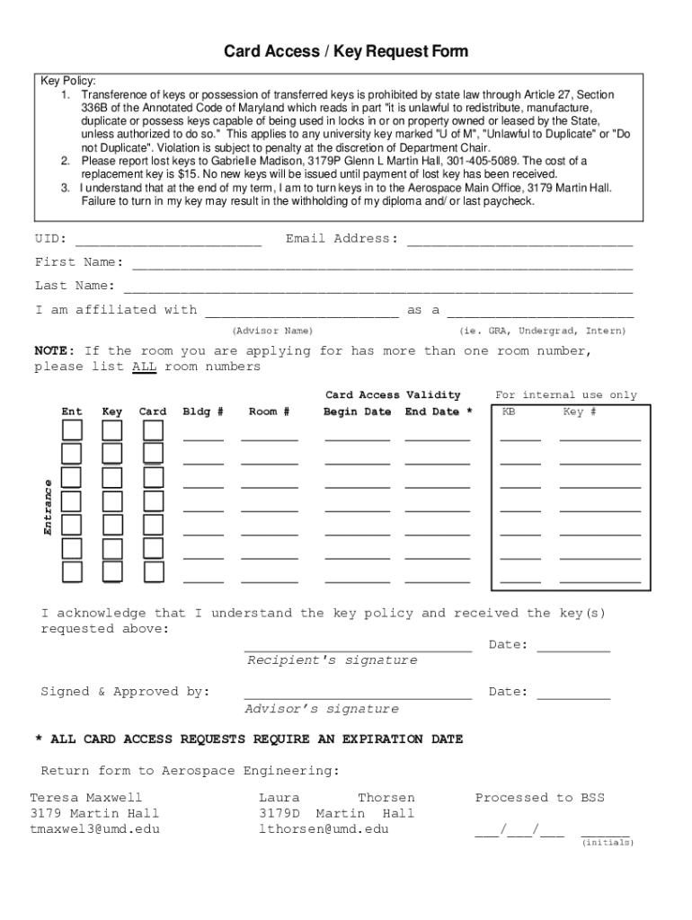 Fillable Online Fillable Online aero umd Card Access / Key Request Form ...