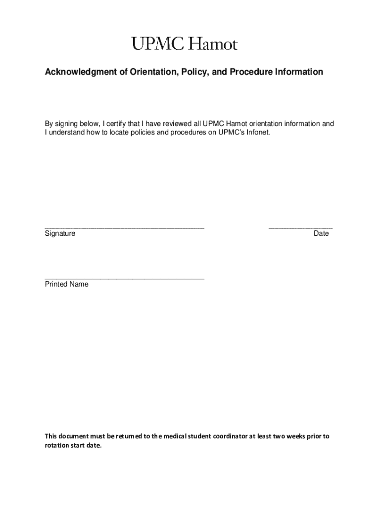 Fillable Online Acknowledgment of Orientation, Policy, and Procedure ...