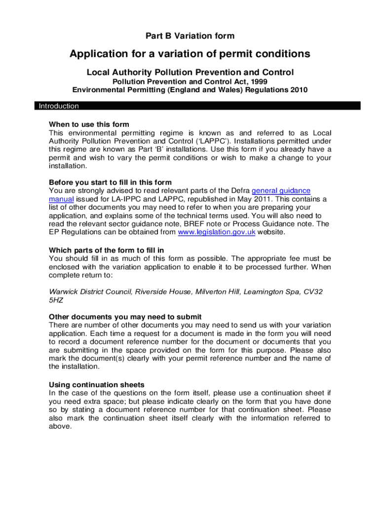 Fillable Online Part B Application for a Variation of Permit Conditions ...