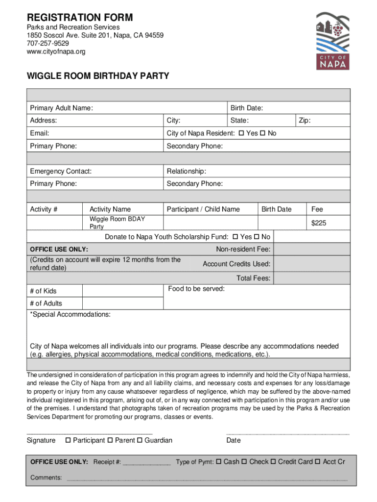 Fillable Online Wiggle Room Birthday Party Registration Form Fax Email ...