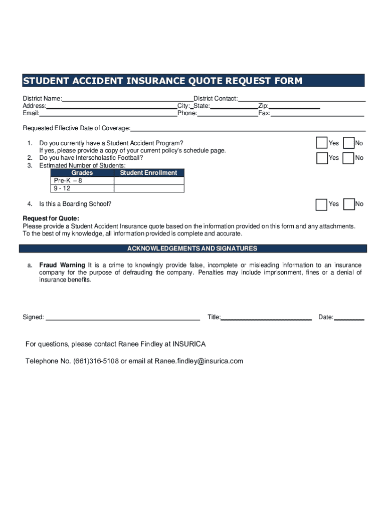 Fillable Online STUDENT ACCIDENT INSURANCE QUOTE REQUEST FORM Fax Email ...