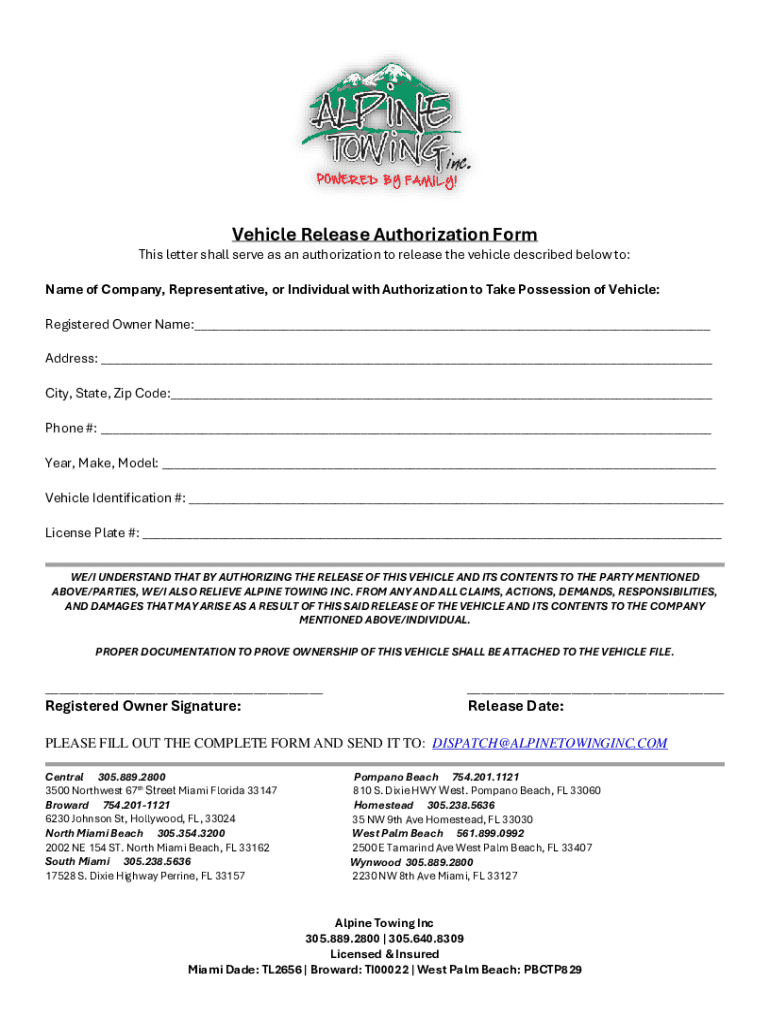 Fillable Online Vehicle Release Form Template Fax Email Print - pdfFiller