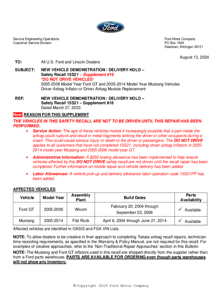 Fillable Online 15S21- Takata Mustang and GT - Supplement #19 - Dealer ...
