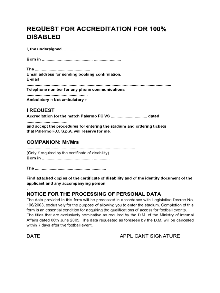 Fillable Online Disabled accreditation request form Fax Email Print - pdfFiller