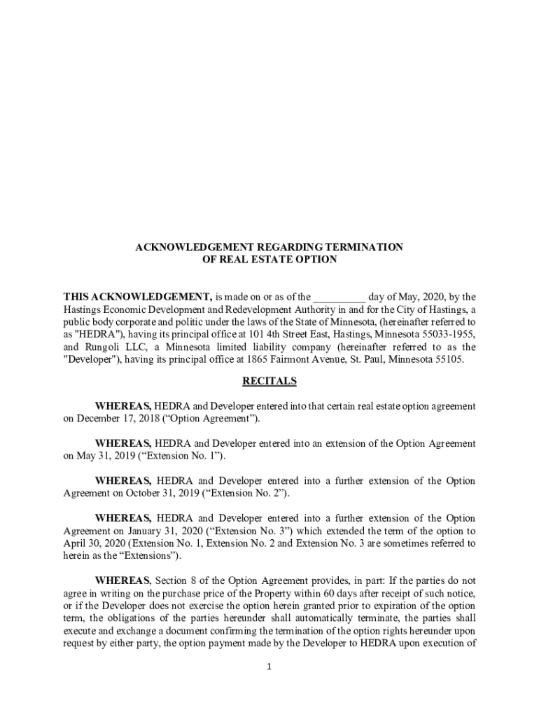 Fillable Online ACKNOWLEDGEMENT REGARDING TERMINATION OF OPTION ...