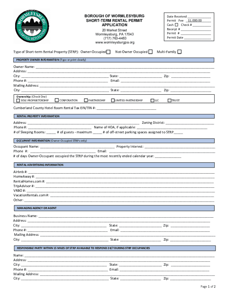 Fillable Online borough of wormlesyburg short-term rental permit ...