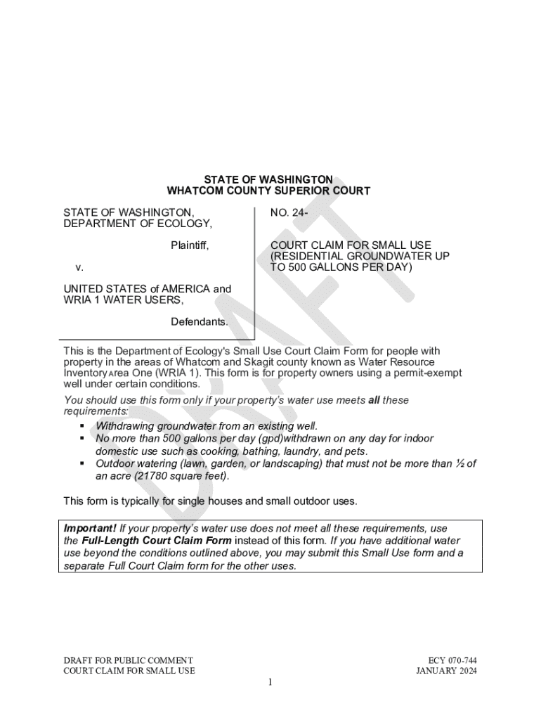 Fillable Online Draft Small Use Court Claim Form. WRIA 1 adjudication ...