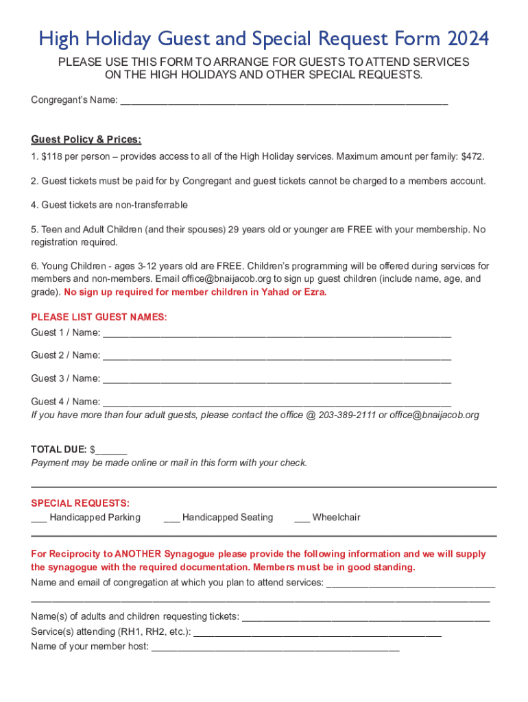 Fillable Online High Holiday Guest and Special Request Form 2024 Fax Email Print - pdfFiller