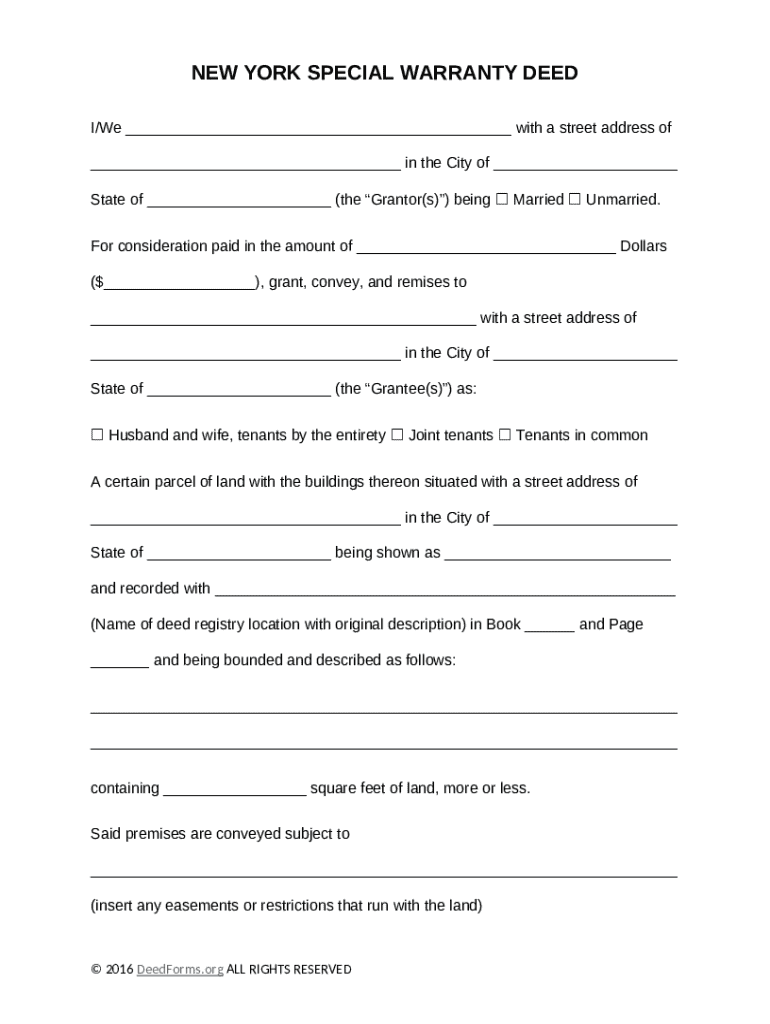 New York Special Warranty Deed Doc Template | pdfFiller