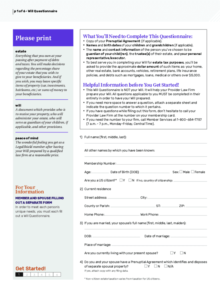 Fillable Online Legalshield Will Questionnaire Pdf - Fill Online ...