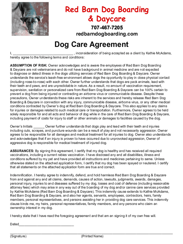 Fillable Online Daycare & Boarding Application - Red Barn Kennels Fax ...