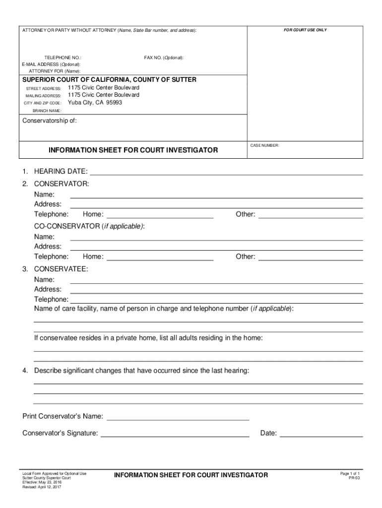 Fillable Online INFORMATION SHEET FOR COURT INVESTIGATOR Fax Email ...