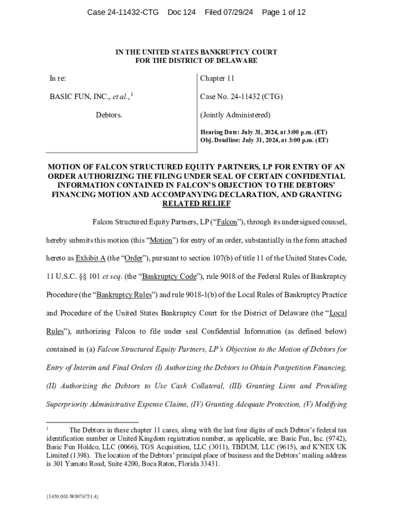 Fillable Online Basic Fun - Motion to Seal DIP Motion Objection ...