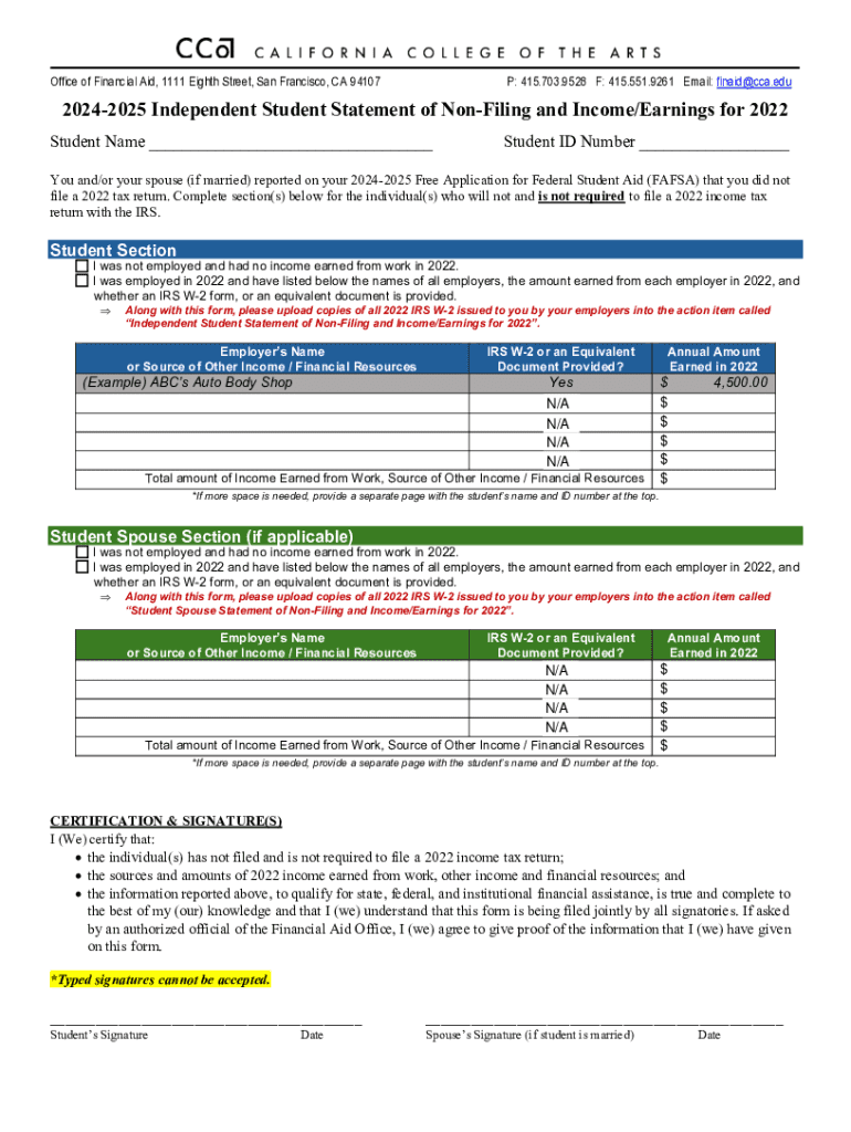 Fillable Online 24Independent Student Statement of Non-Filing and ...