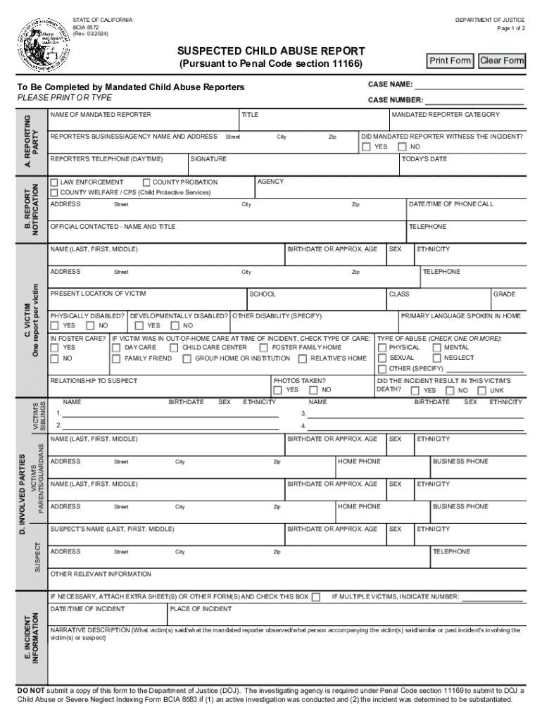 Fillable Online BCIA 8572, Suspected Child Abuse Report. BCIA, 8572 ...
