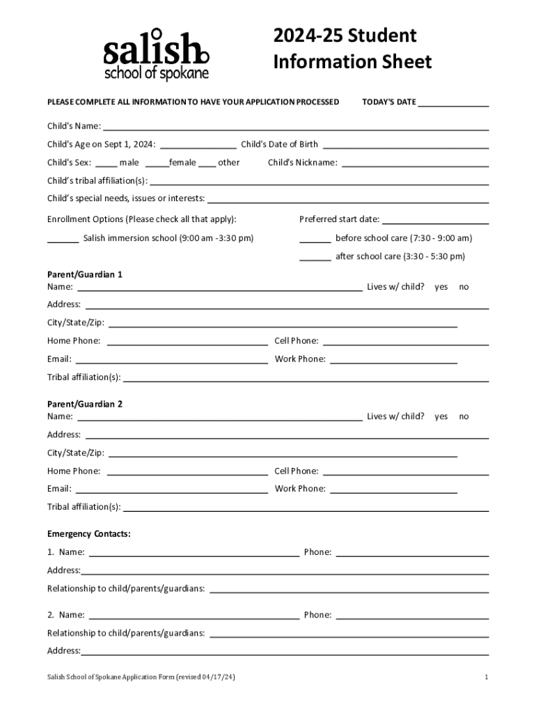 Fillable Online 2024-25 Student Information Sheet Fax Email Print ...