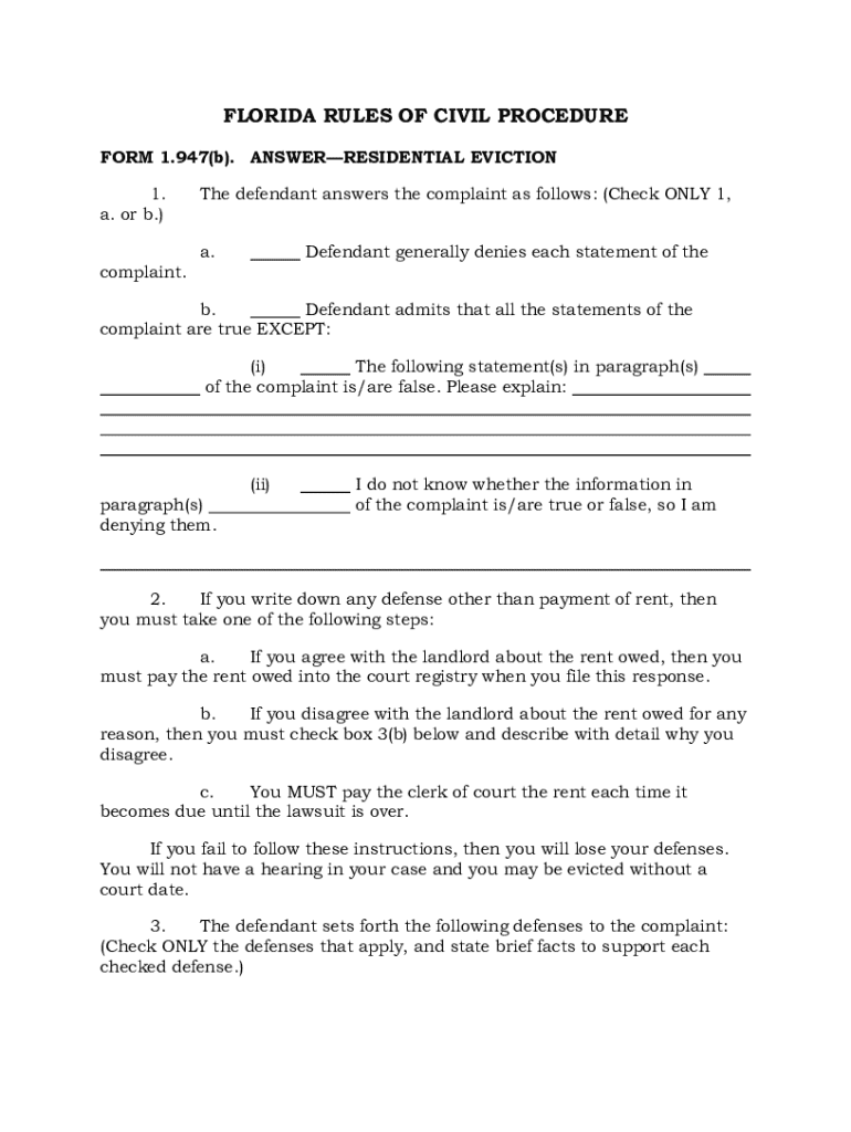 Fillable Online Florida Rule of Civil Procedure - Form 1.947(b) - Answer - Residential Eviction ...
