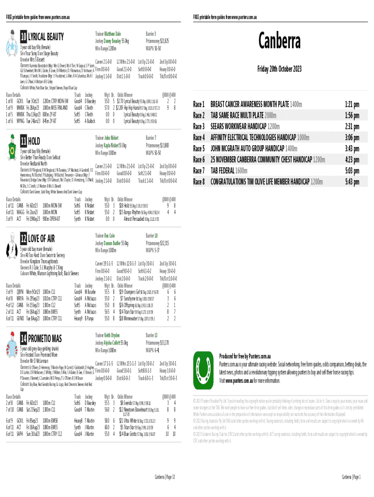 Fillable Online Canberra Printable Form Guide - Friday 20th October ...