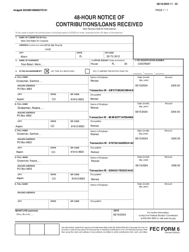 Fillable Online FEC Form 6 Instructions (48-Hour notice of ... Fax ...