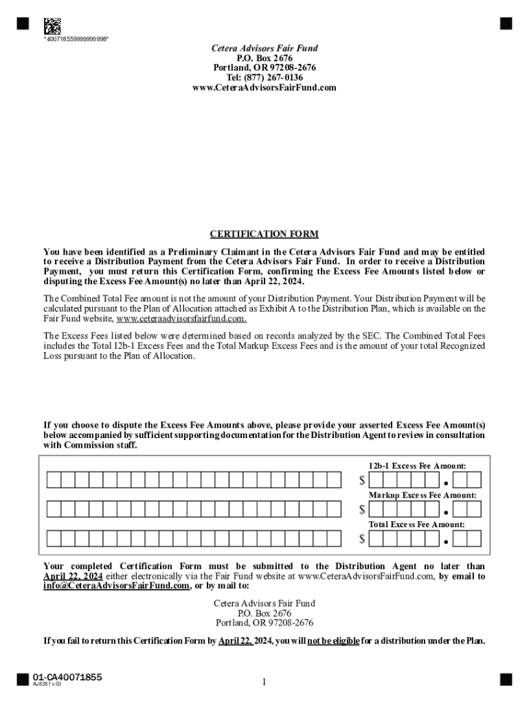 Fillable Online 01-CA40071855 1 CERTIFICATION FORM You have been ... Fax Email Print - pdfFiller
