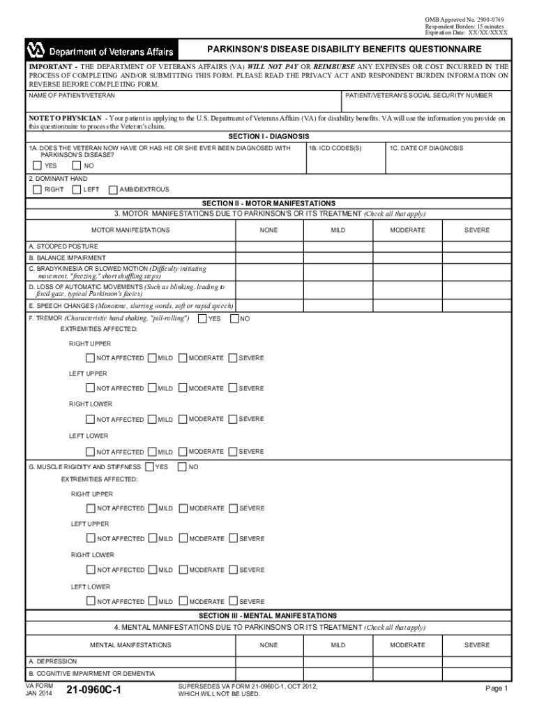 Fillable Online VA Form 21 0960C 1 Parkinson\'s Disease Disability ...