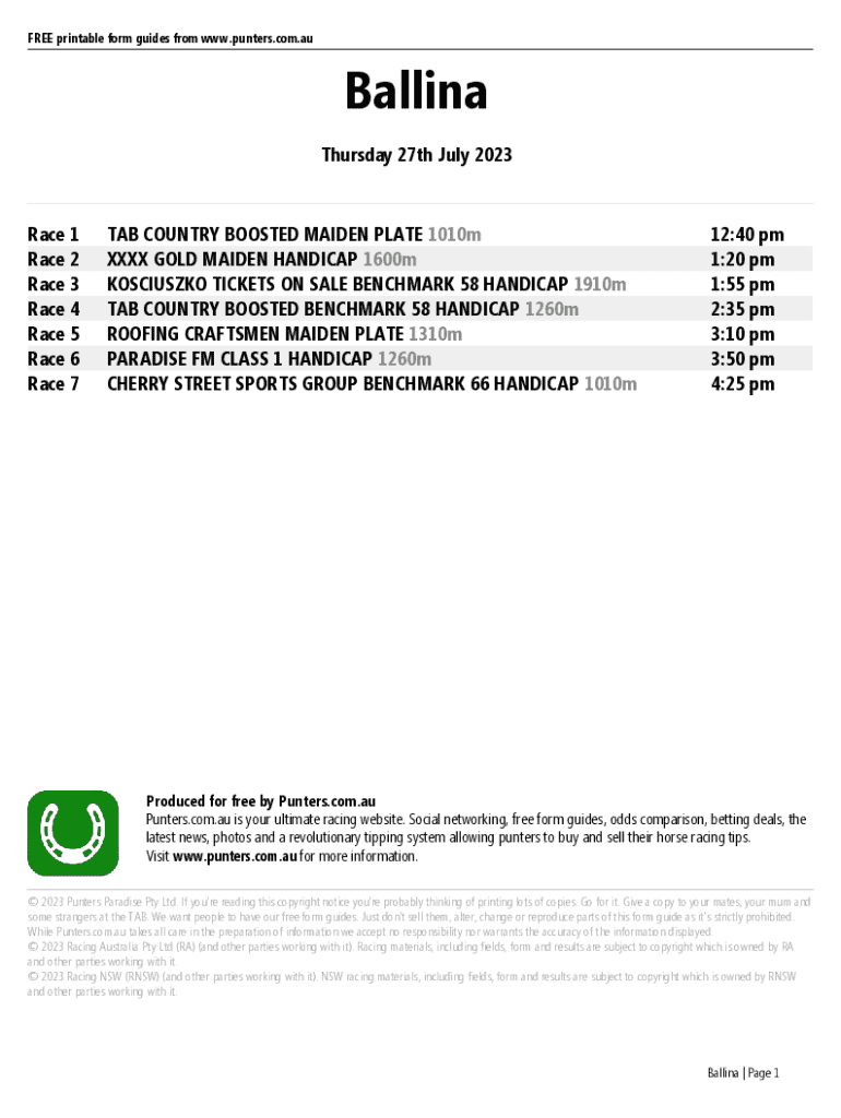 Fillable Online Ballina Printable Form Guide - Thursday 27th July 2023 ...