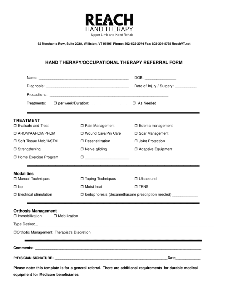 Fillable Online Hand, Wrist and Elbow TherapyCentral Vermont Medical ... Fax Email Print - pdfFiller