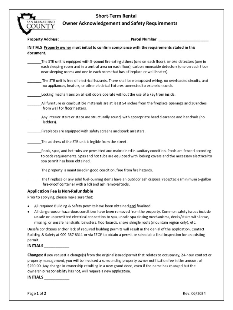 Fillable Online Short-Term Rental Owner Acknowledgement and Safety ...