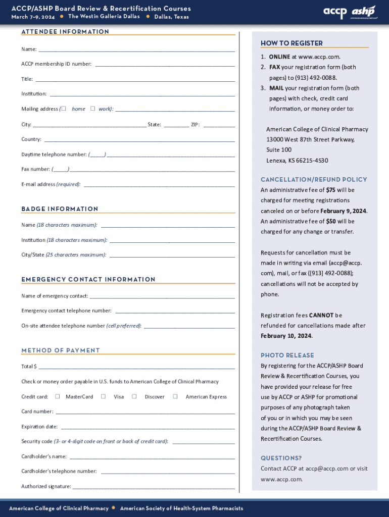 Fillable Online Register Now for ACCP/ASHP Board Review ... Fax Email ...
