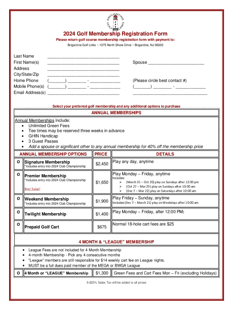 Fillable Online 2024 Golf Membership Registration Form Fax Email Print ...